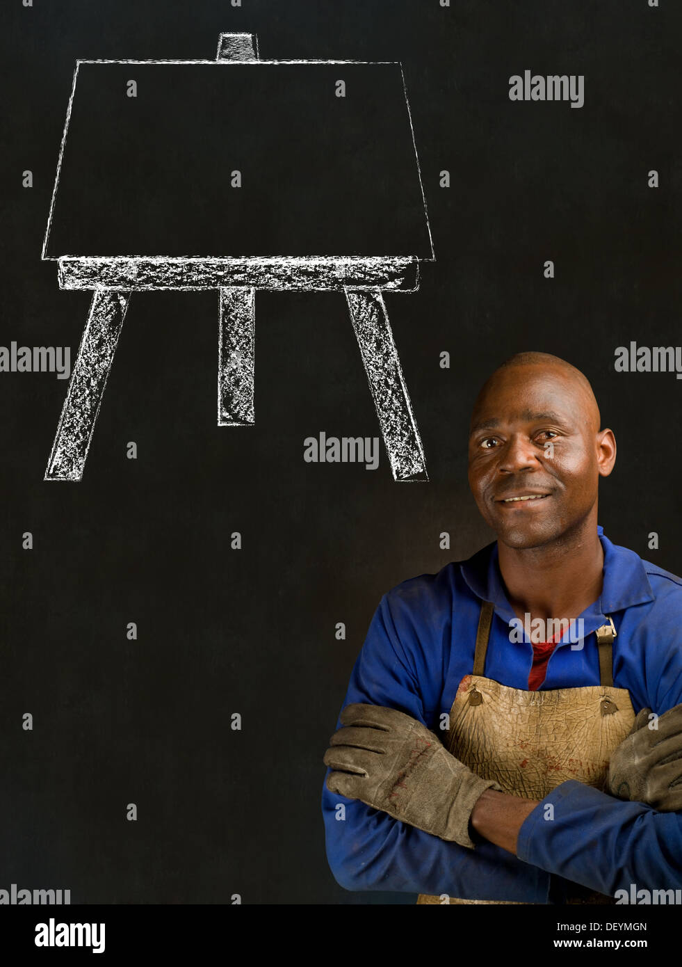 African black man industrial worker with chalk easel on blackboard ...