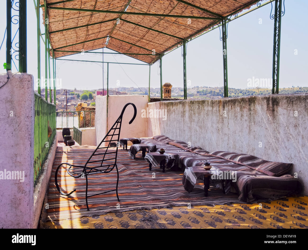 Typical Moroccan Roof Terrace in the old medina of Fes, Morocco, Africa ...
