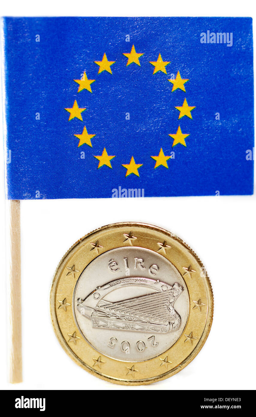 Irish one euro coin and the flag of the European Union, symbolic image ...