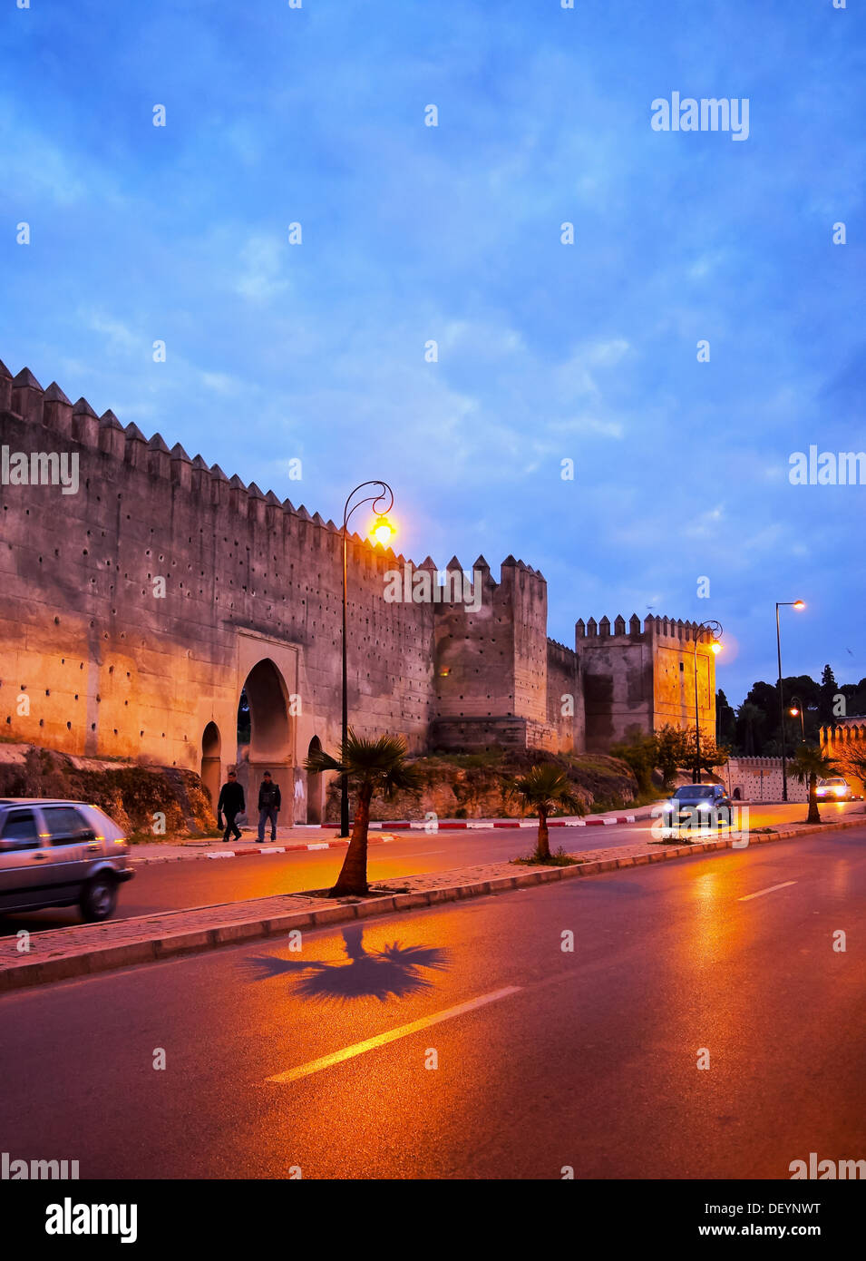 Night view of the walls of the old medina in Fes, Morocco, Africa Stock ...