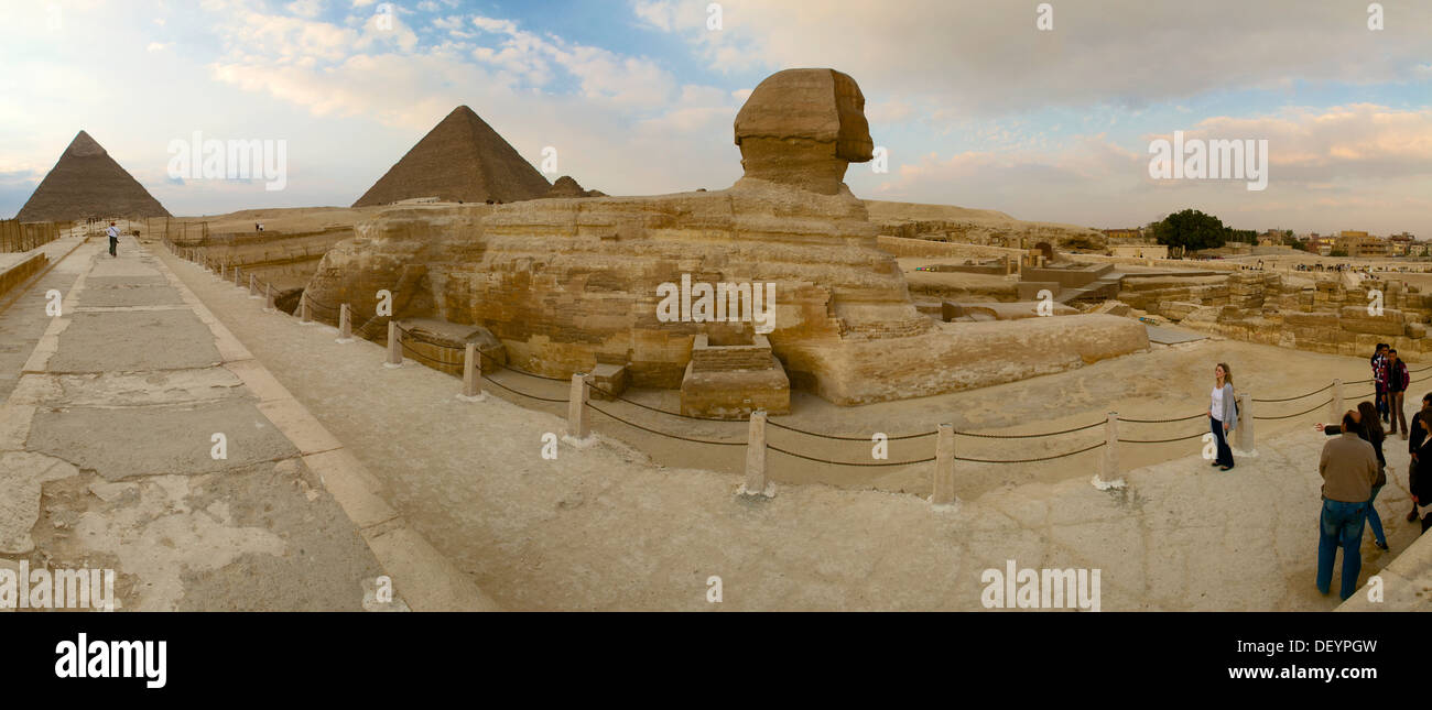 Composite panorama image of the Sphinx at Giza, with pyramid group at ...