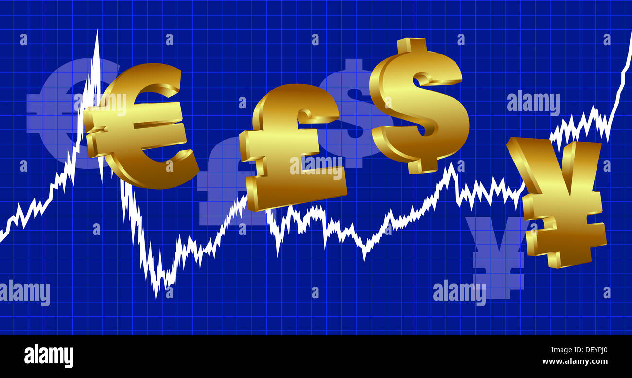 Hard Currency - Stock Market Graph with currency symbols on a blue ...