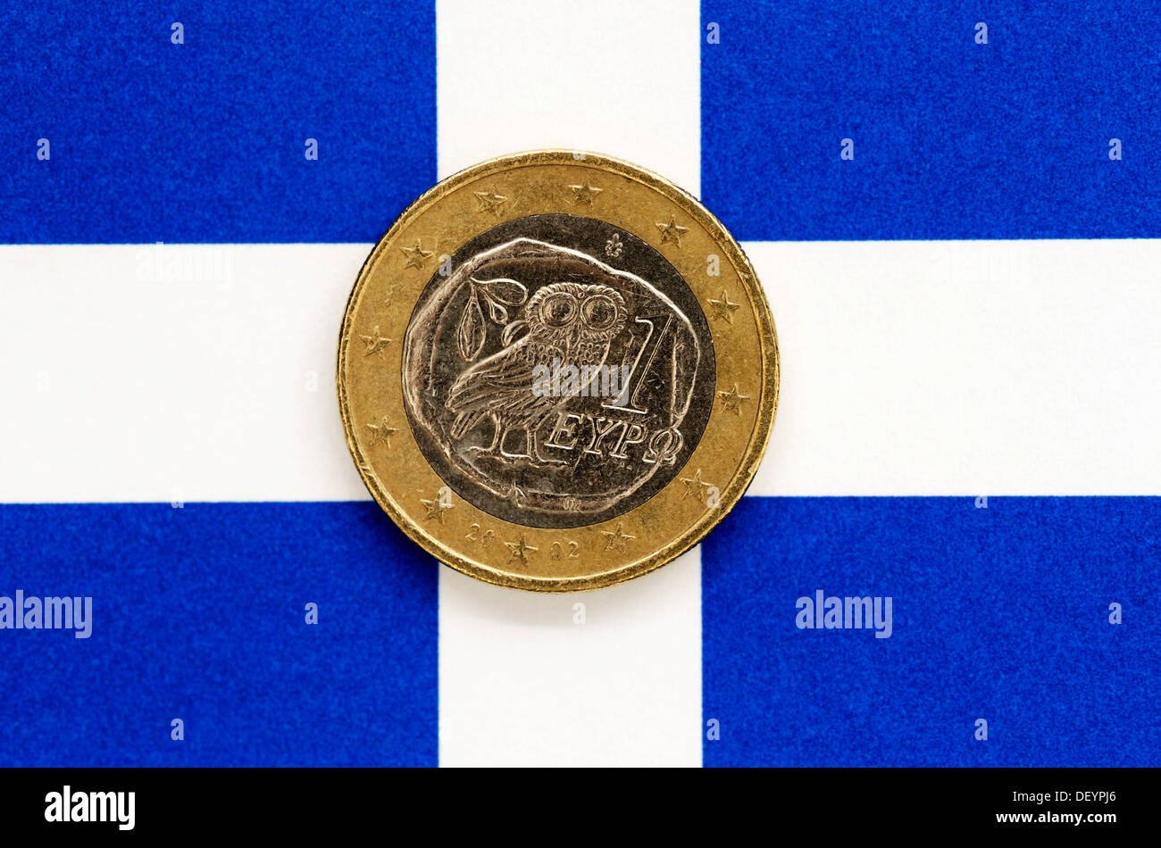 Greek euro on Greek flag, symbolic image for the imminent national ...