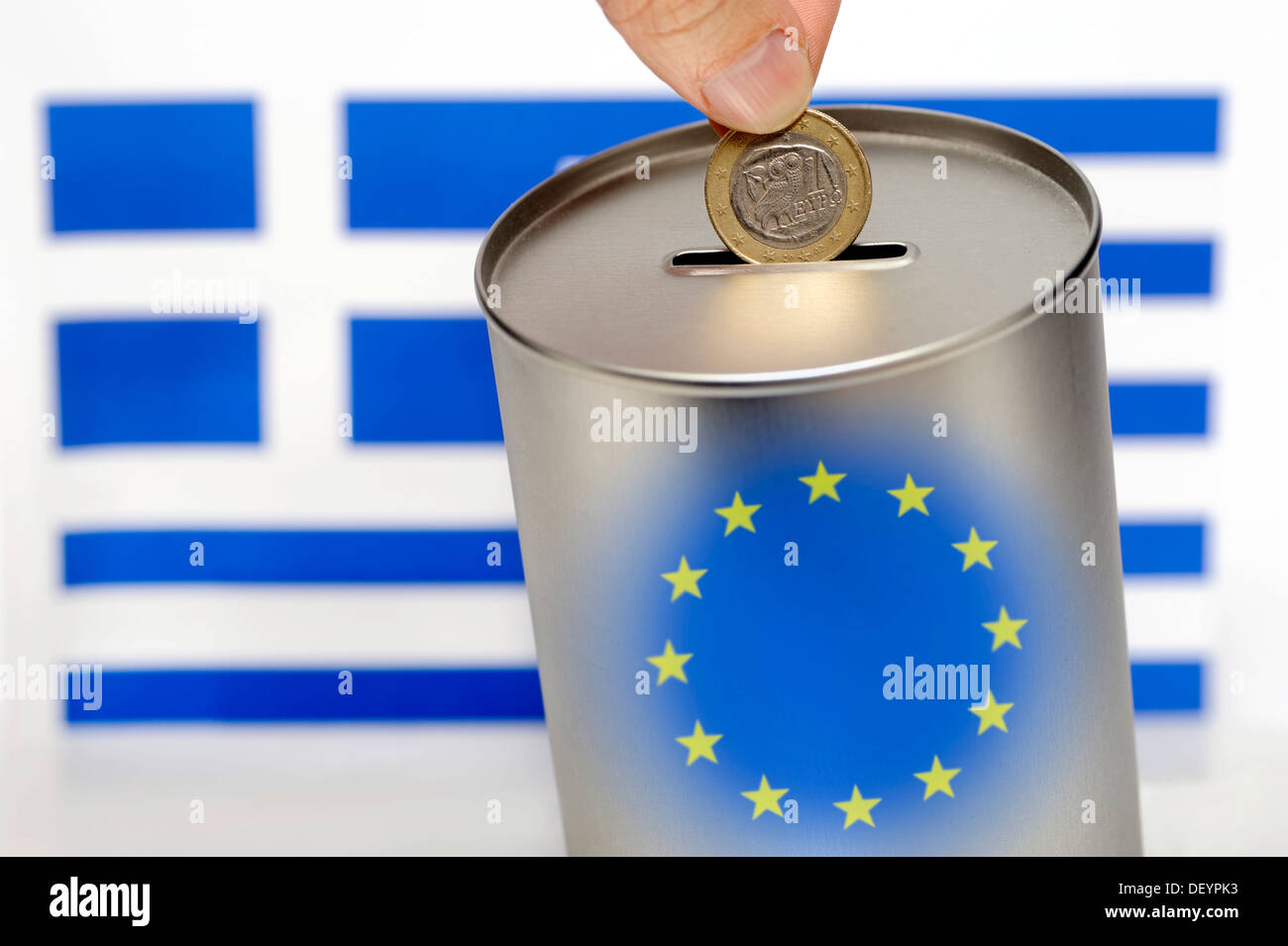 Collections tin with EU sign in front of Greek flag, symbolic image of ...