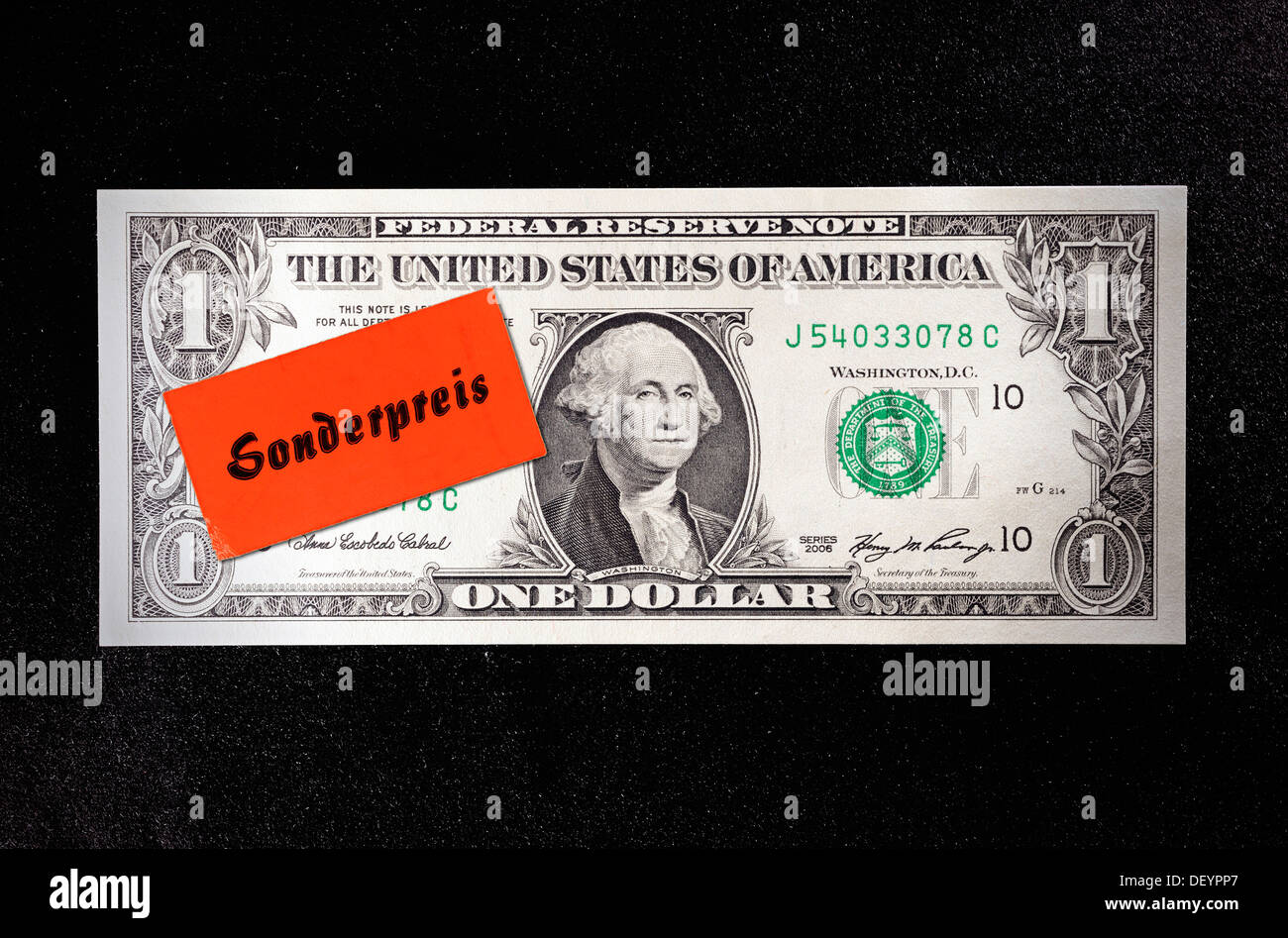 A dollar bill with the label "Sonderpreis" or special price, symbolic ...