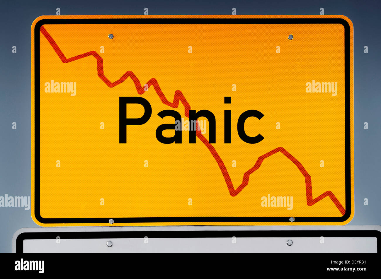 Place-name sign with declining stock chart, lettering "Panic", stock ...