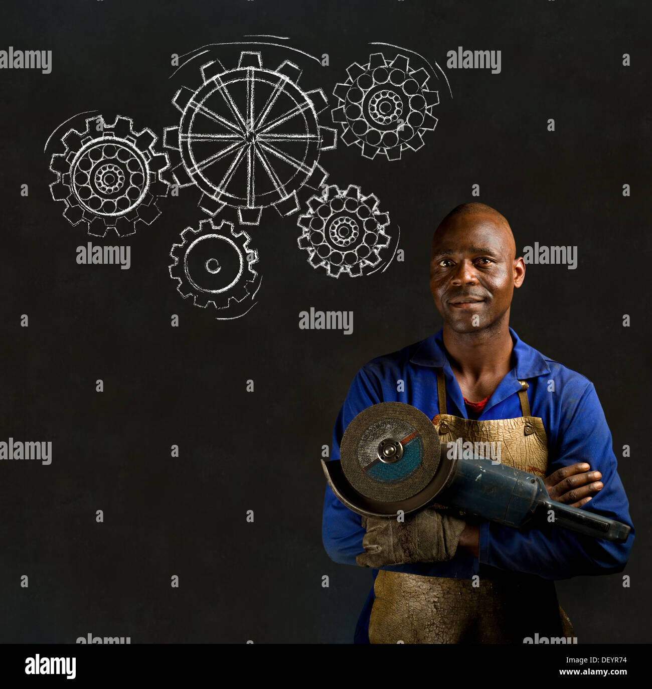African American black man industrial worker with chalk gears on a ...