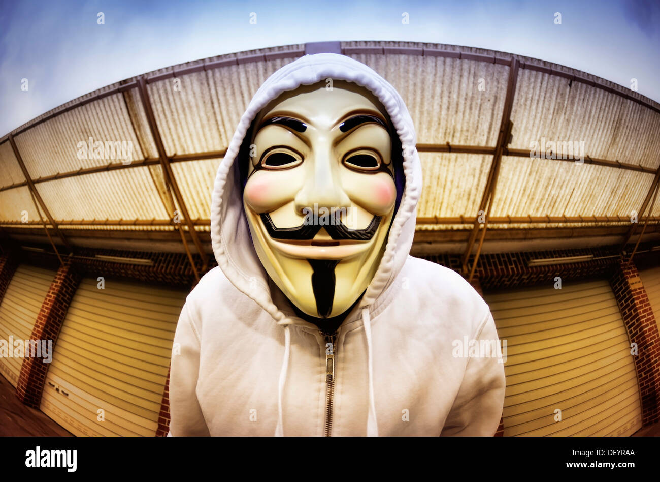 Man wearing the Guy Fawkes mask used by the Occupy movement, protesting ...