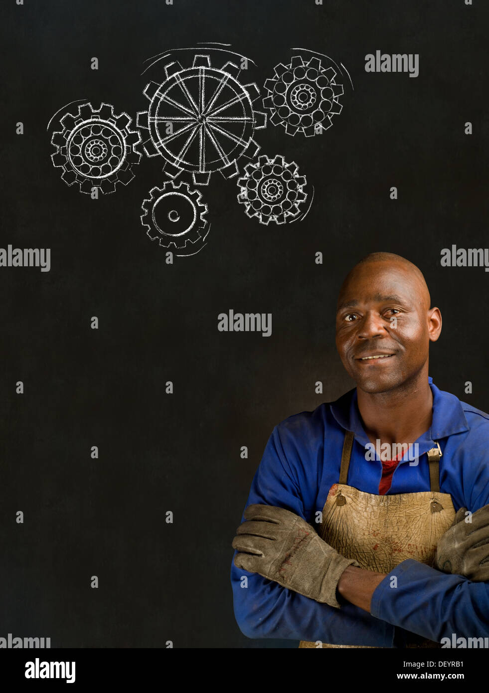 African American black man industrial worker with chalk gears on a ...