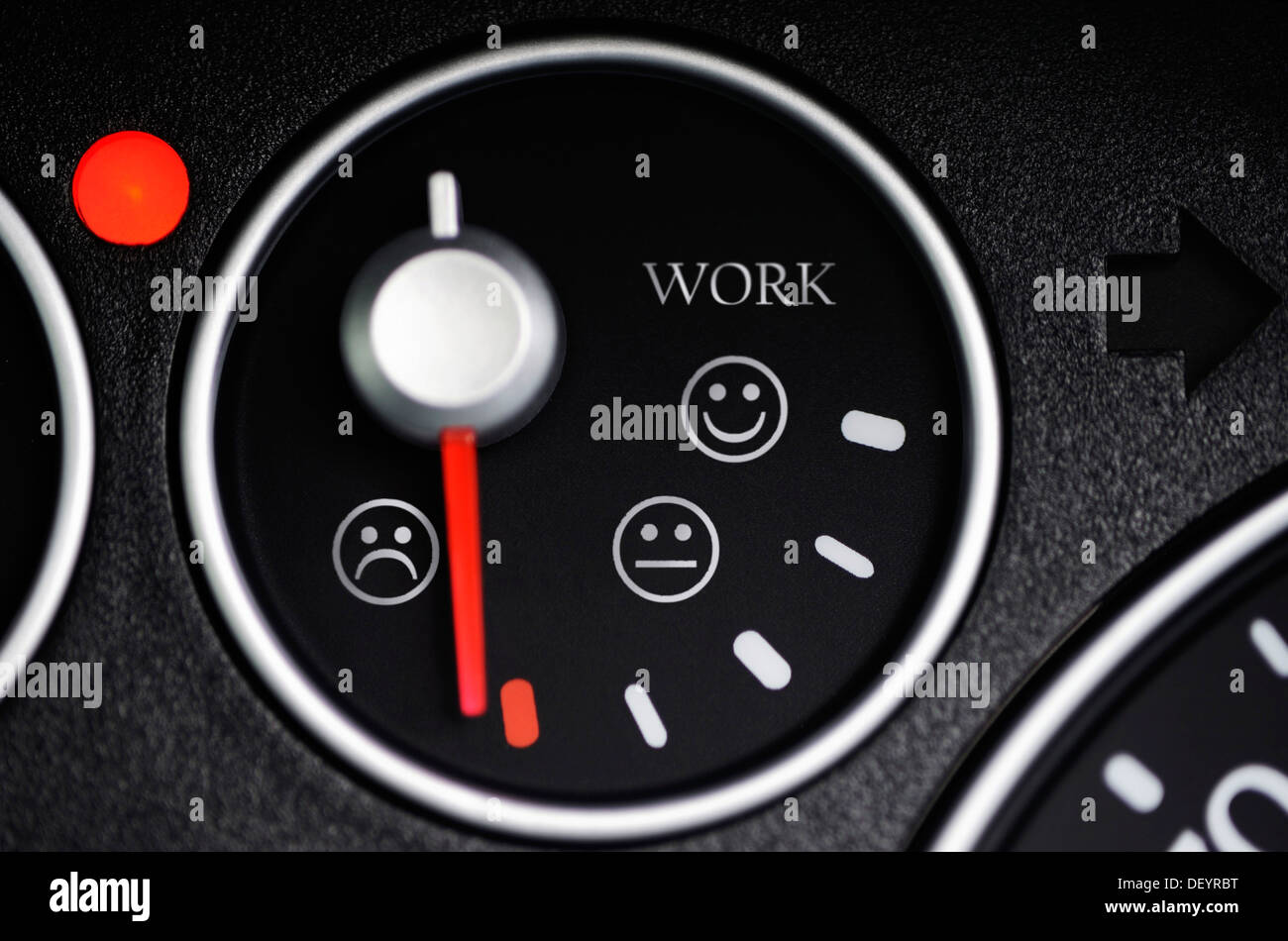 Fuel gauge with smiley faces, lettering "work", symbolic image for job ...