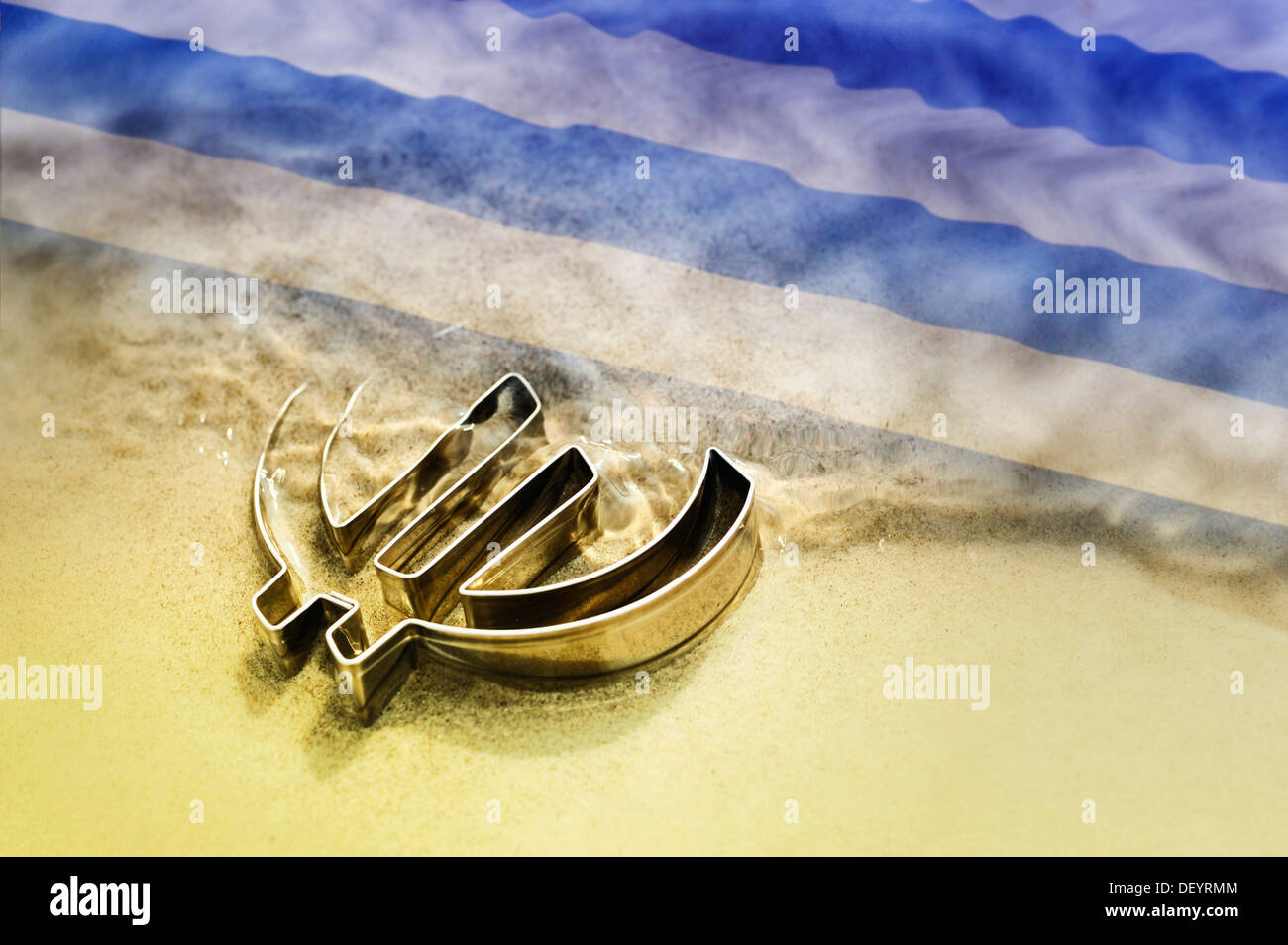 Euro symbol being washed over by a wave in the form of a Greek flag ...