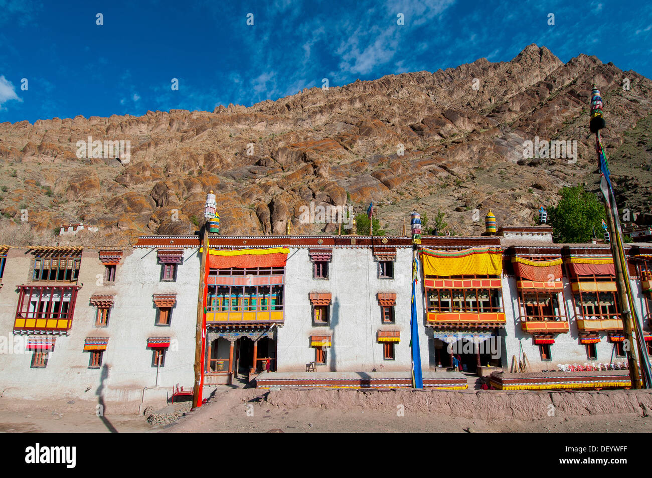 India, Jammu & Kashmir, Ladakh, Hemis Monastery facade with craggy ...