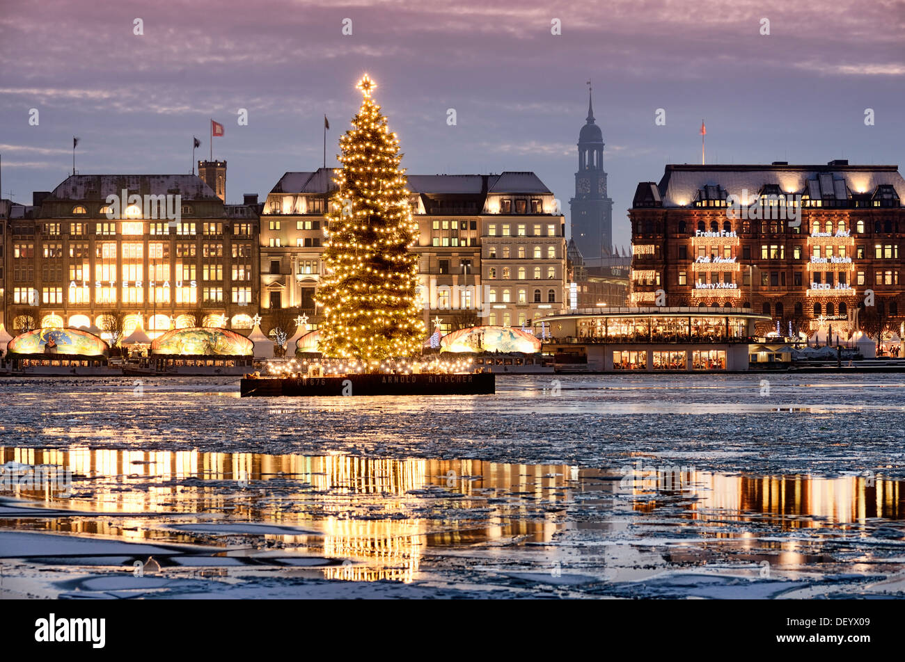 Binnenalster or Inner Alster Lake with a Christmas tree and ...