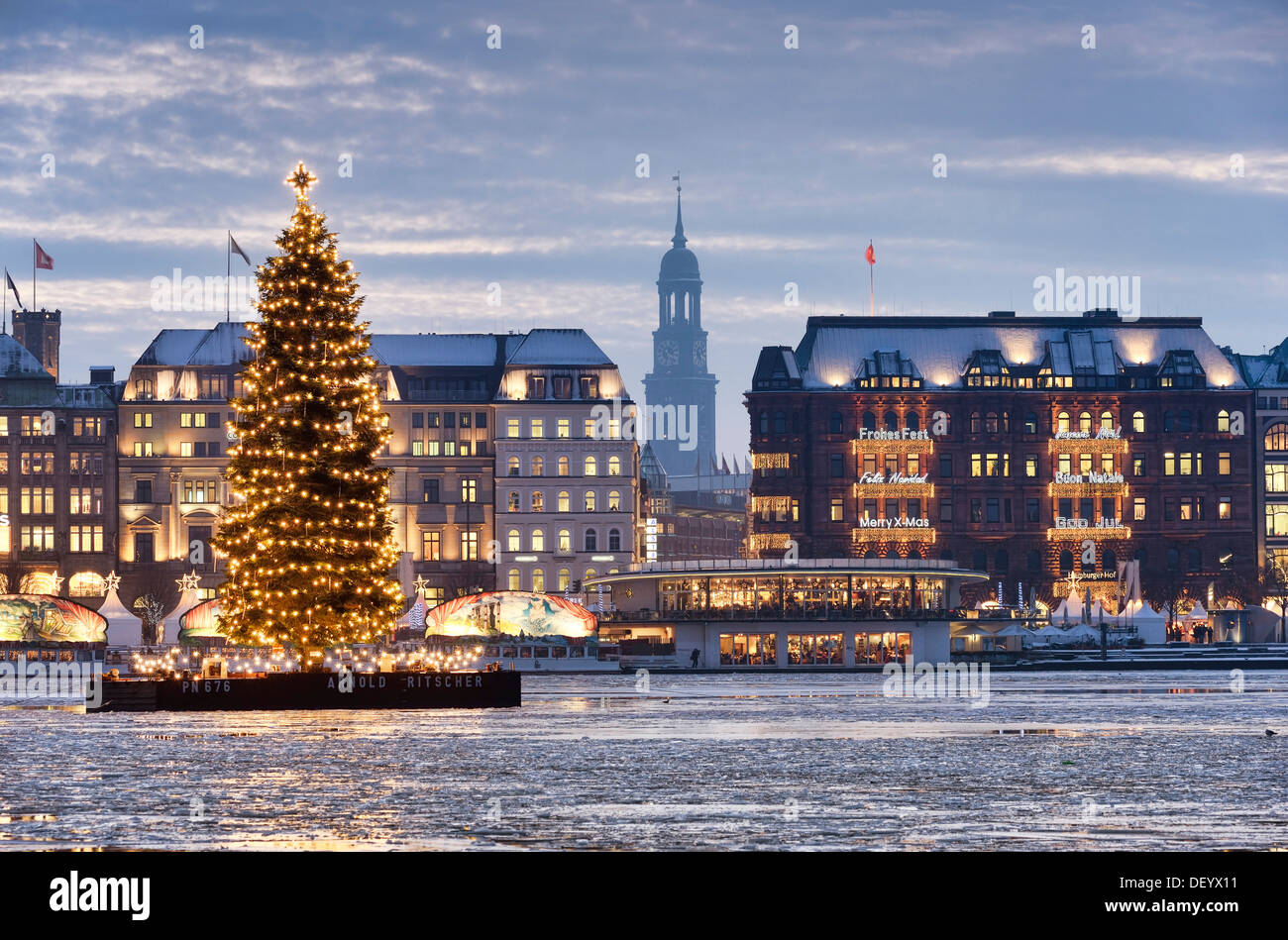 Binnenalster or Inner Alster Lake with a Christmas tree, Michel and ...