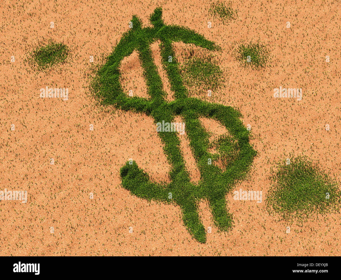 Dollar sign made of grass growing on sandy ground, 3D render Stock ...