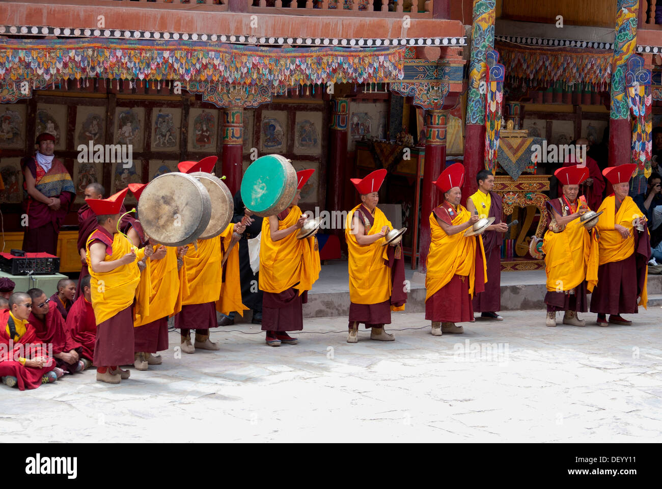 India, Jammu & Kashmir, Ladakh, monks playing drums and cymbals during ...