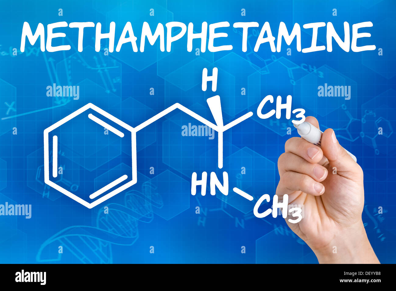 Hand with pen drawing the chemical formula of methamphetamine Stock ...