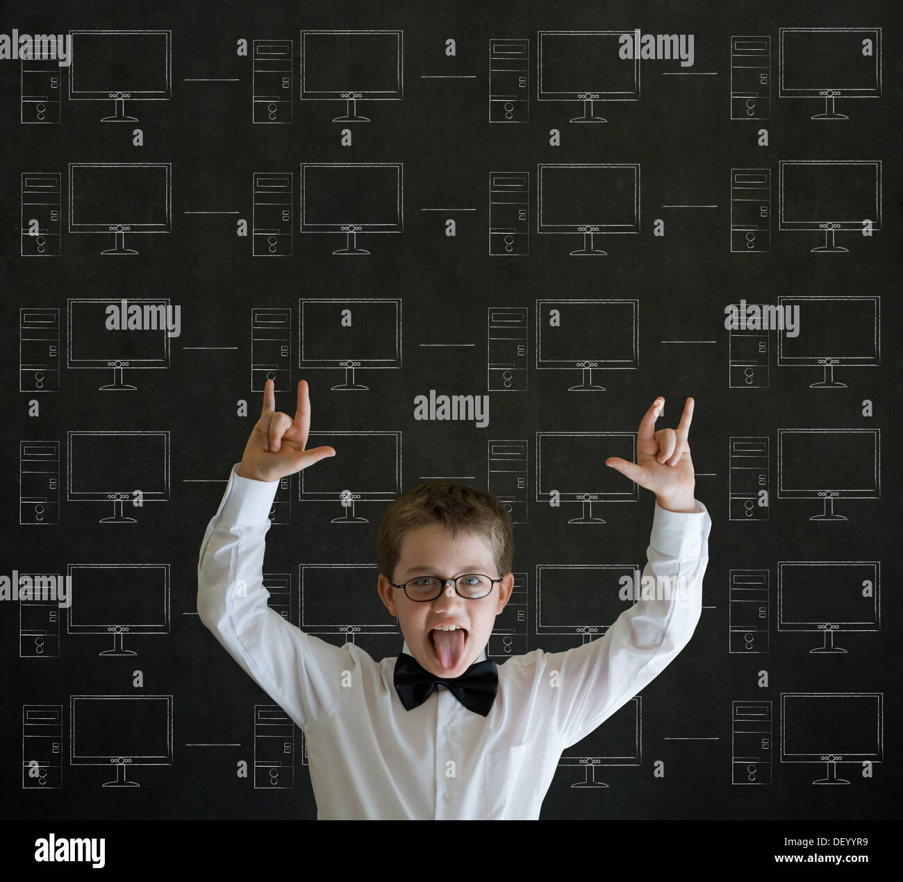 Thinking boy with chalk networks on blackboard background Stock Photo ...