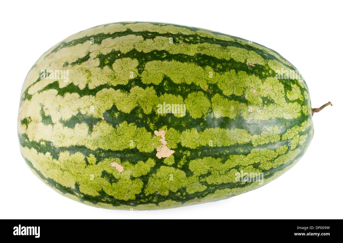 Side view of a whole fresh watermelon with a variegated yellow and ...