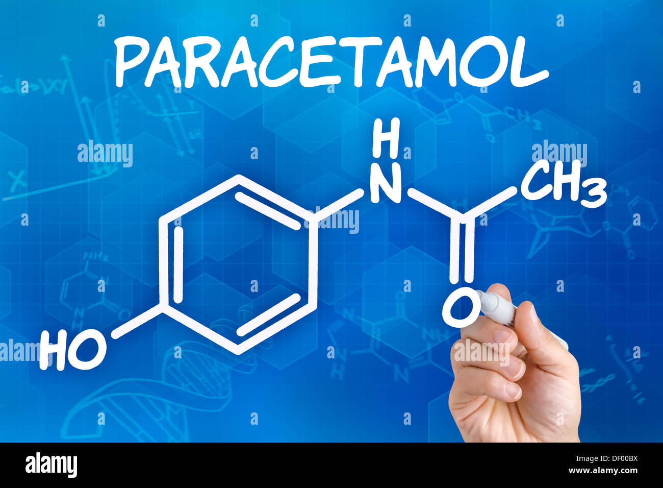 Hand with pen drawing the chemical formula of paracetamol Stock Photo ...