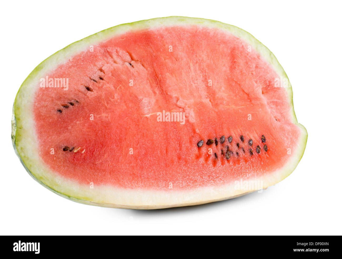 Halved fresh juicy watermelon cut longitudinally and viewed at an ...
