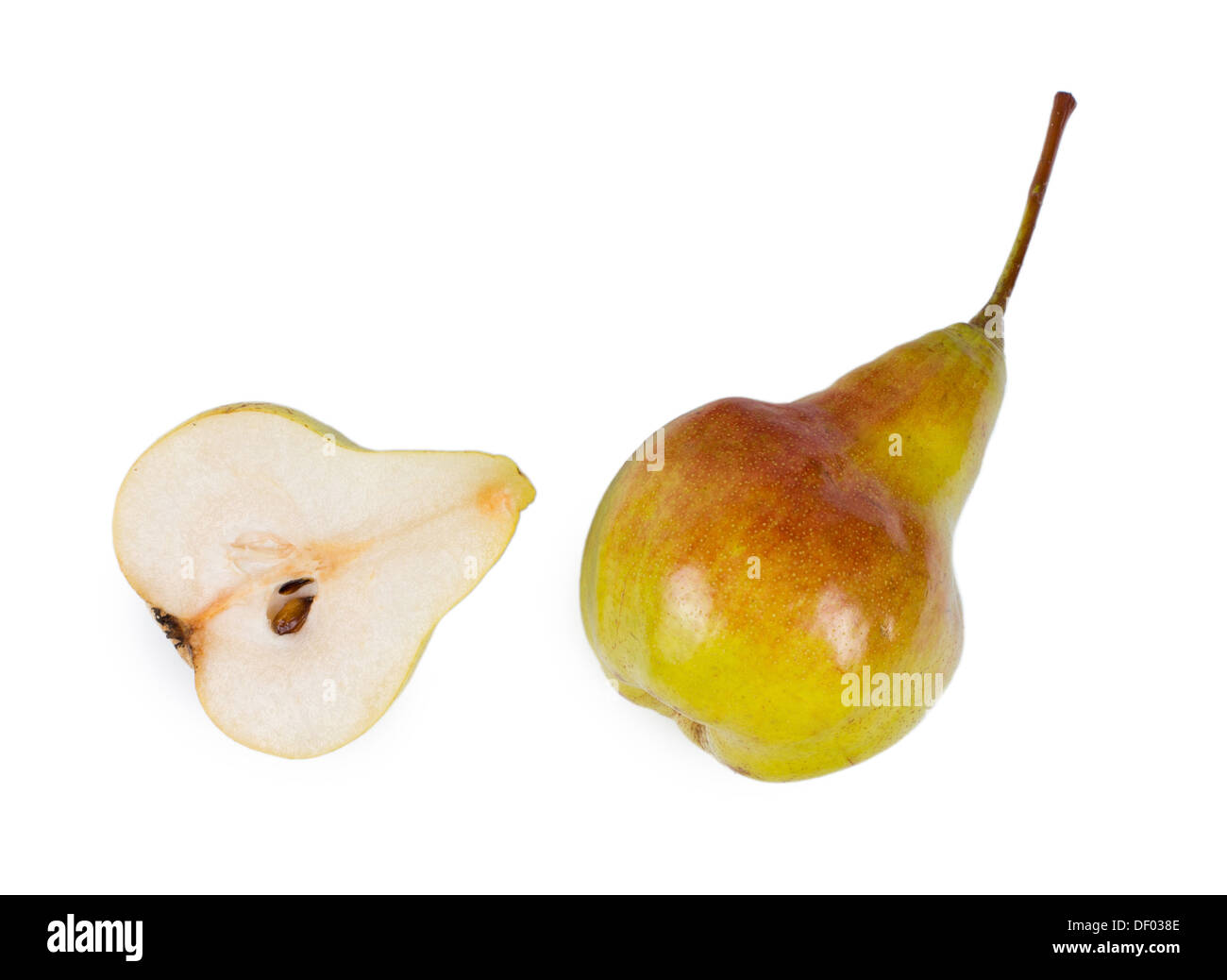 Halved and whole fresh ripe yellow pears with a red blush on a white ...