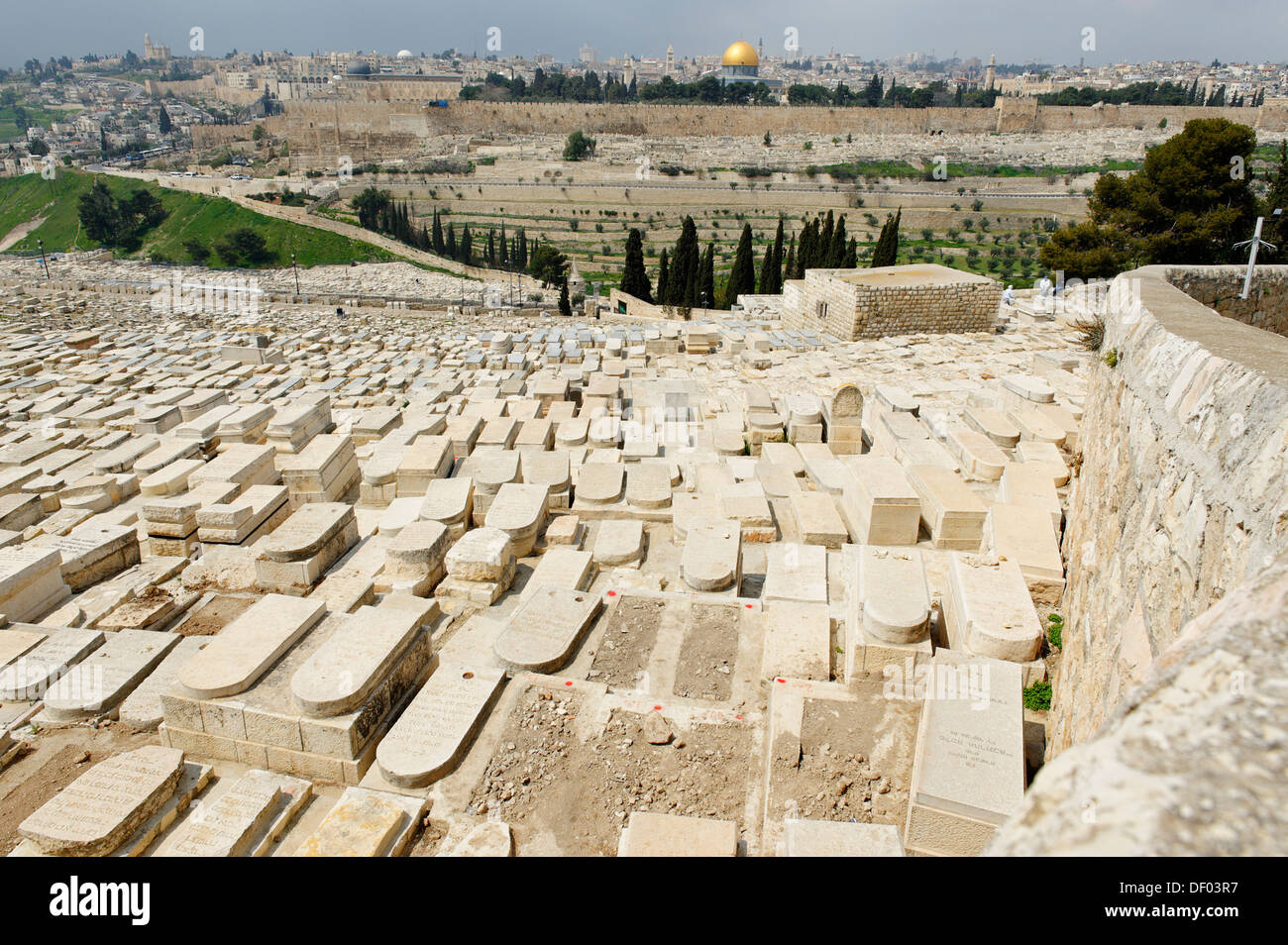 View from the Mount of Olives over the tombs of the Jewish cemetery ...