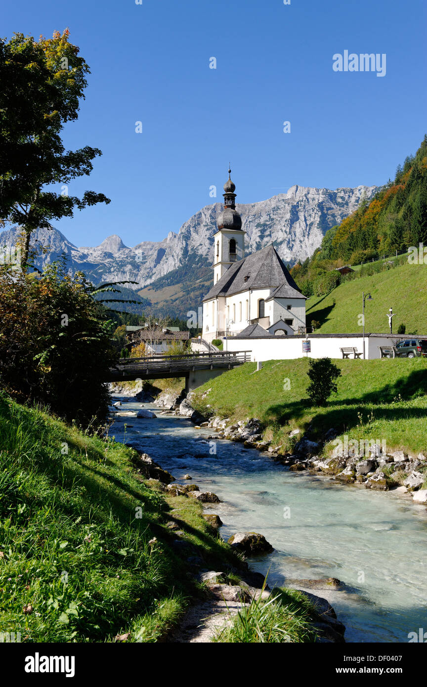 Parish Church of Saint Sebastian and the Ramsau river in front of the ...