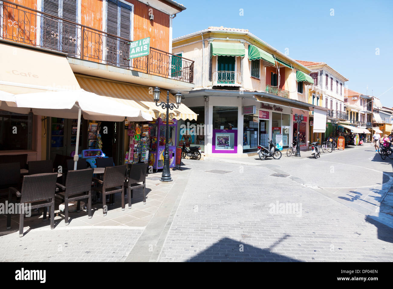 Main shopping street in Lefkada Lefkas Town Greek Island Greece Stock ...
