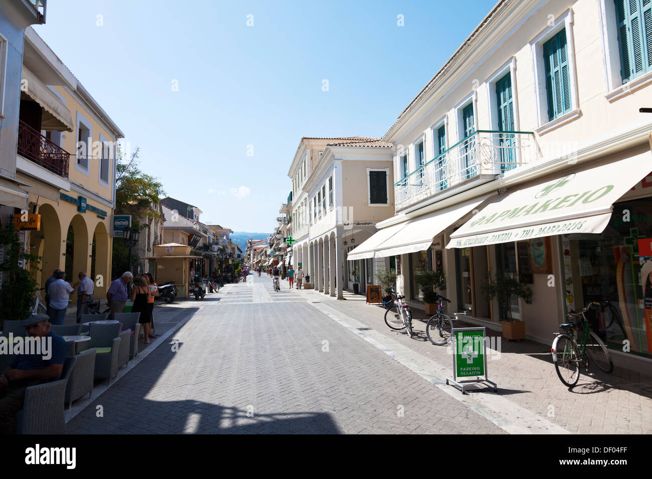 Main shopping street in Lefkada Lefkas Town Greek Island Greece Stock ...
