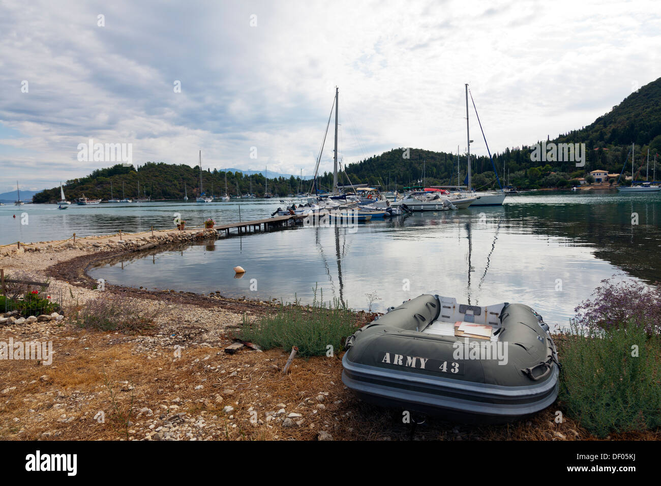 US USA Army inflatable dinghy ashore harbour harbor Nidri Nydri Lefkada ...