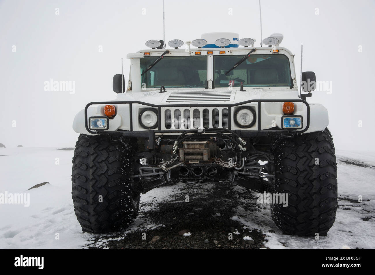 Hummer converted to a Super Jeep in a winter landscape, Iceland, Europe ...