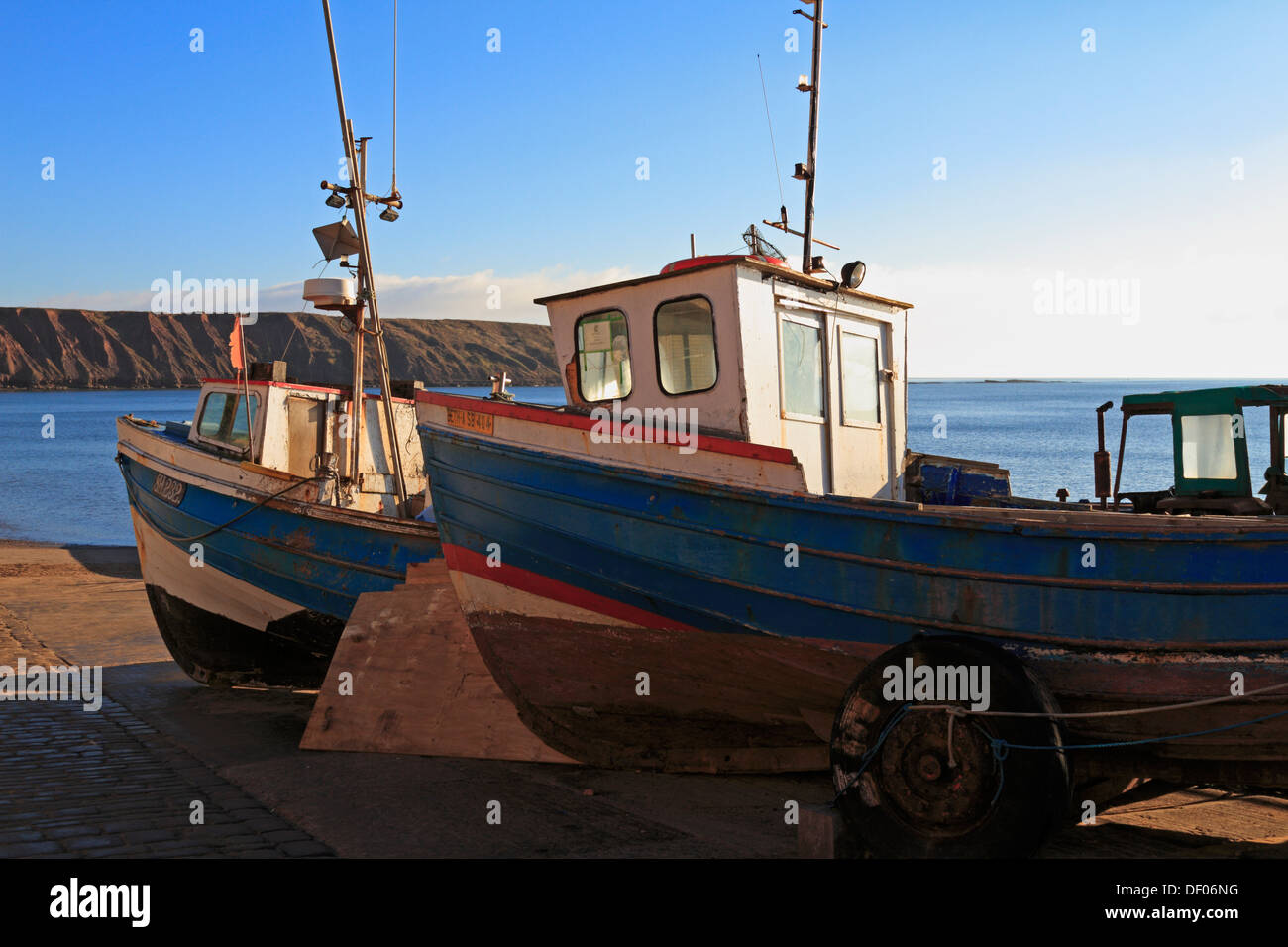 Coble fishing boats on the Coble Landing, Filey, North Yorkshire ...
