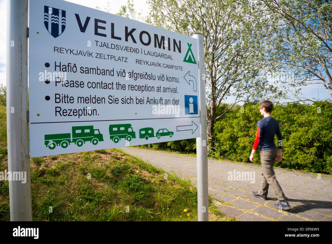Welcome sign at the entrance to the Reykjavik campsite, Reykjavik ...