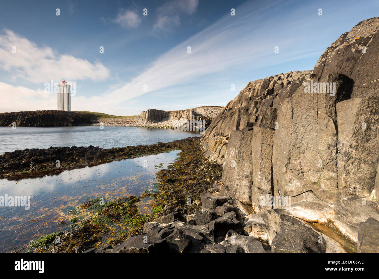 Kálfshamar or Kálfshamarsviti Lighthouse, basalt rocks, Skagi Peninsula ...
