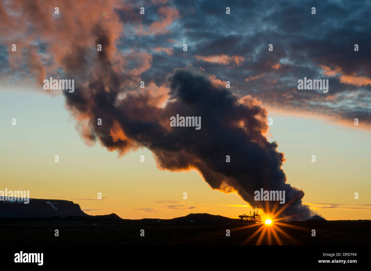 Well of a geothermal power station at sunset, Lake Myvatn area ...