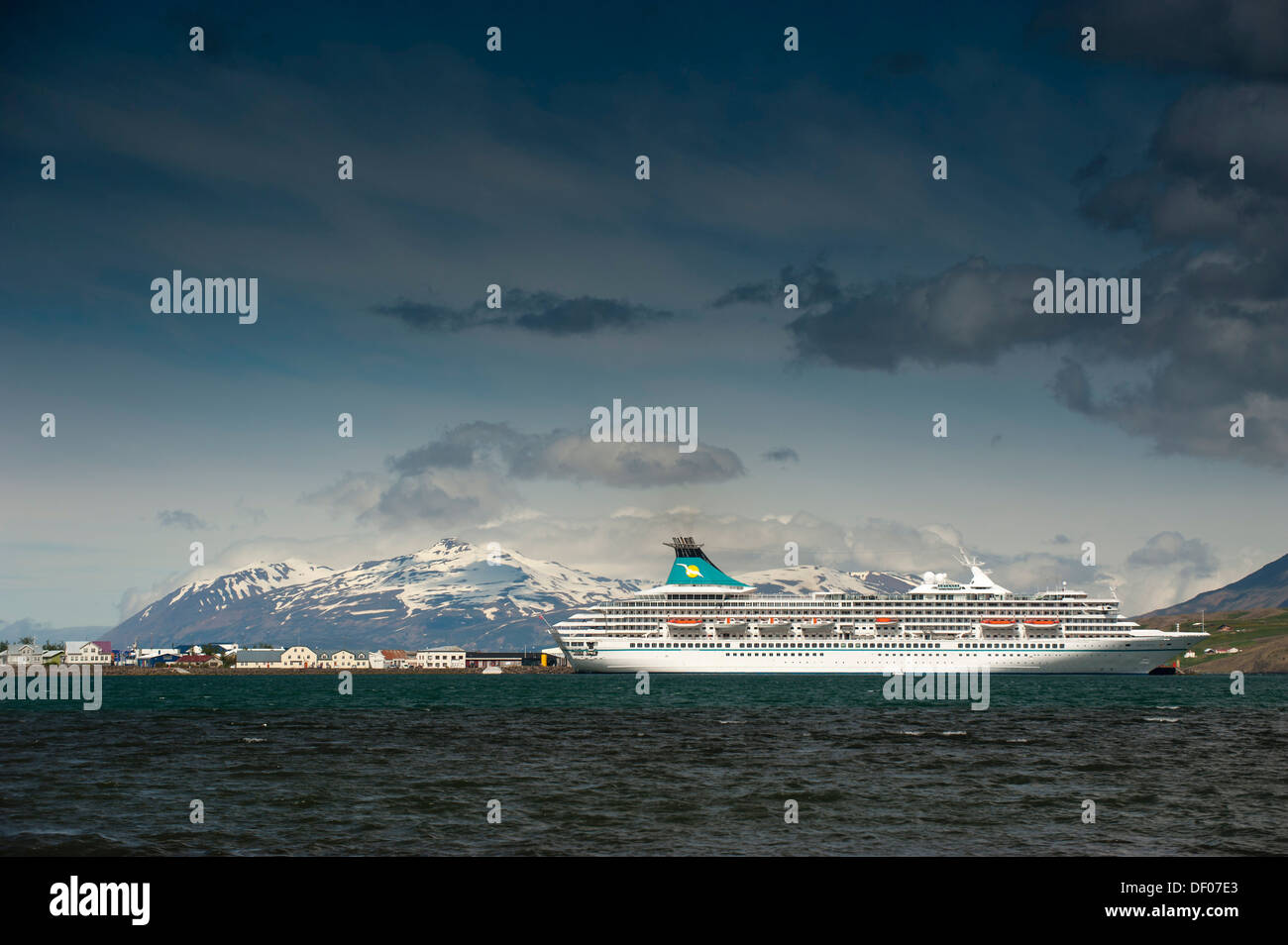 Cruise ship, view of the port of Akureyri, Norðurland eystra region, or ...