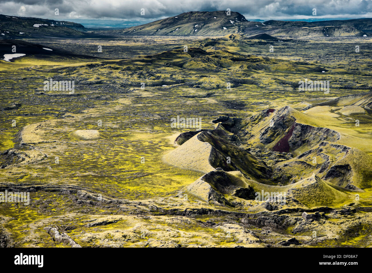 Aerial view, volcanic fissure, moss-covered Craters of Laki or ...