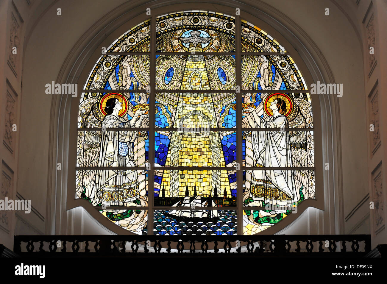 Leaded glass window, church window, "The Holy Spirit pours out his ...