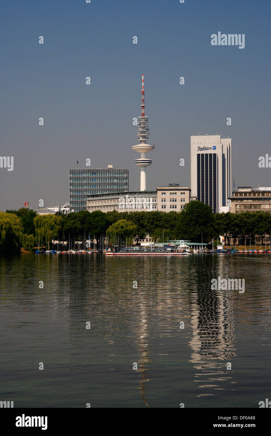 View across the Alster river towards the telecommunication tower of ...