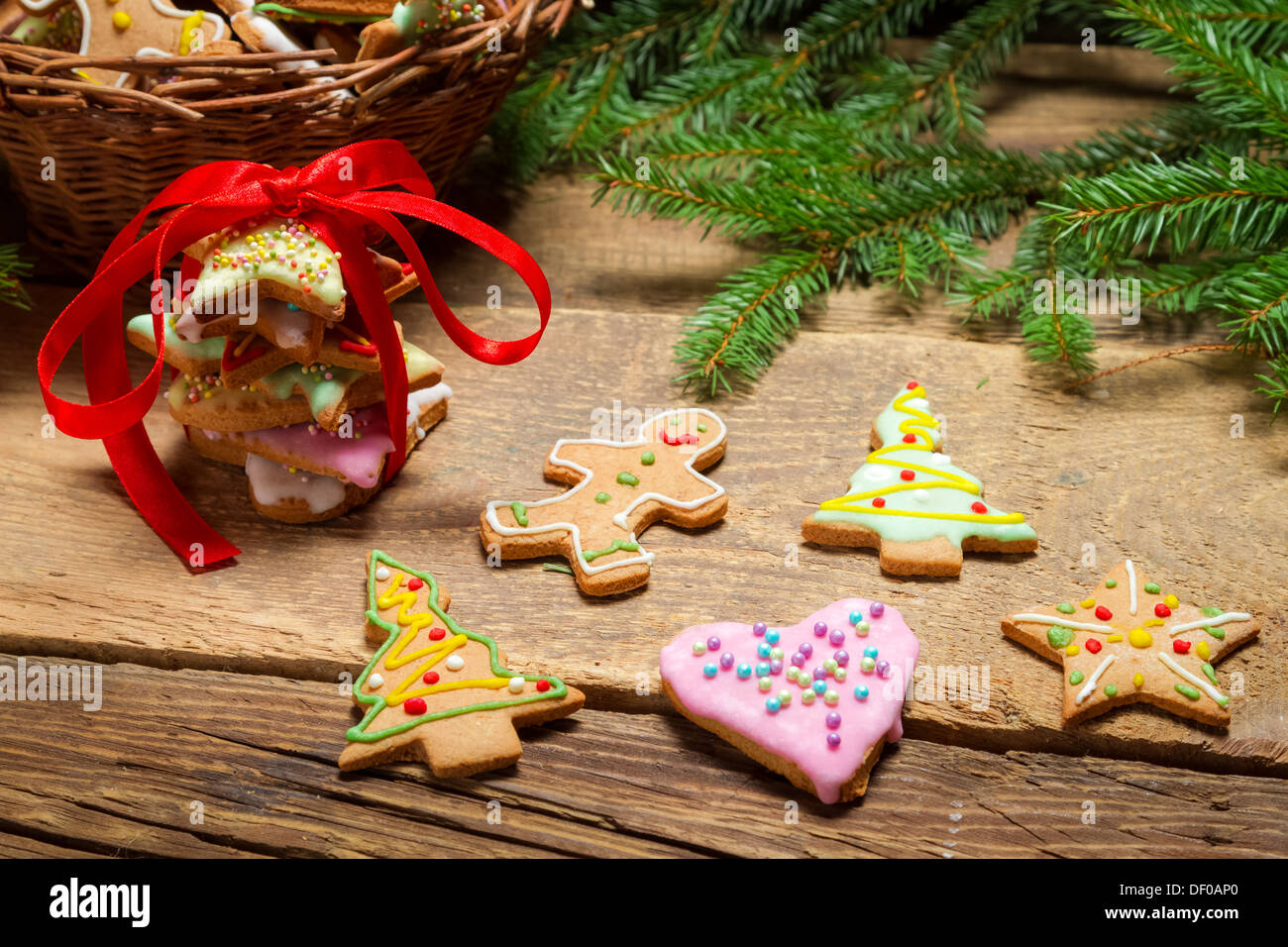 Different types of gingerbread cookies and spruce Stock Photo - Alamy