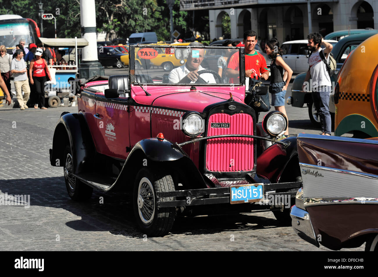 Ford, built in 1928, convertible, classic car in the city center of ...