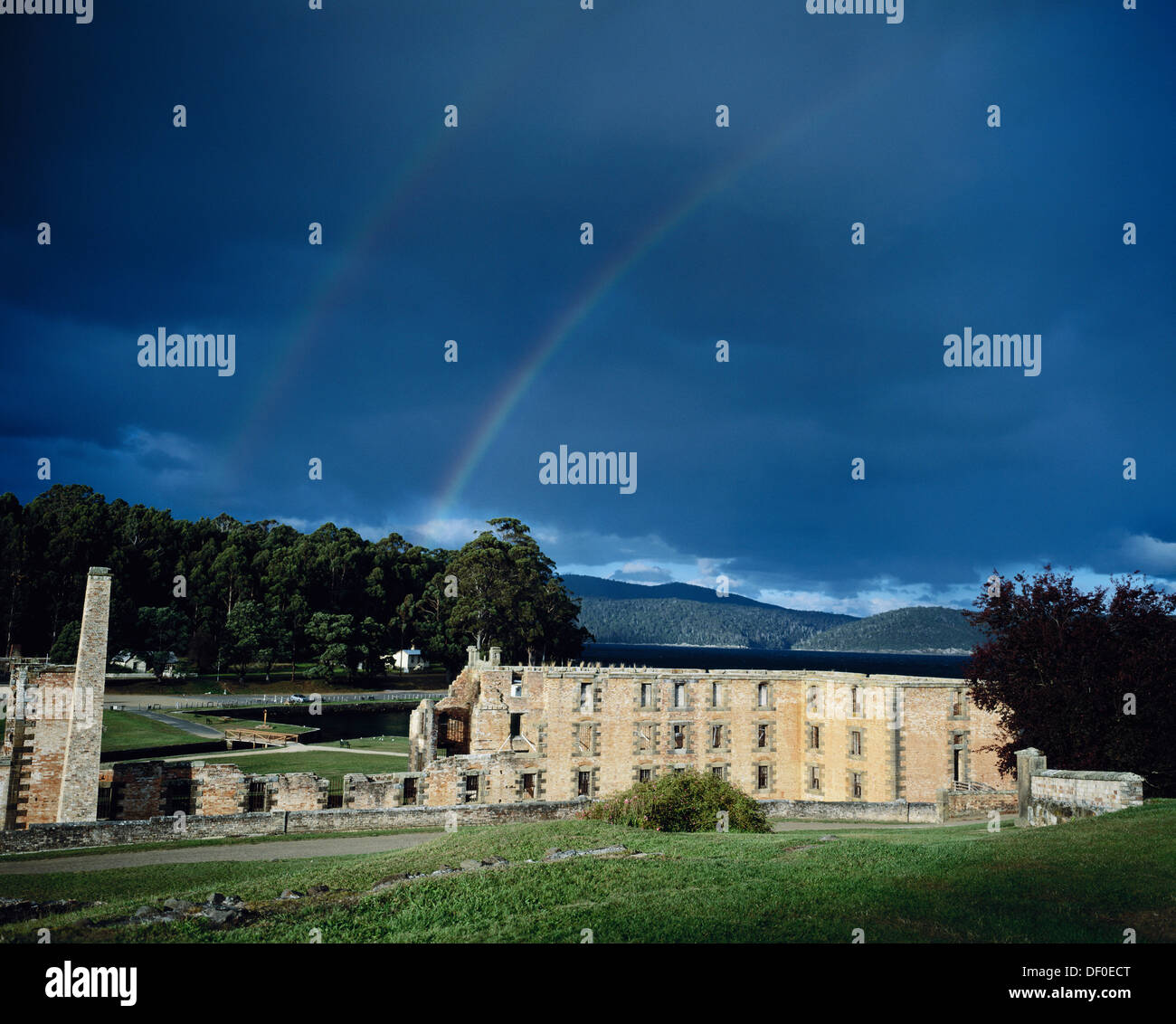 Australia, Tasmania, Port Arthur, double rainbow over former prison ...