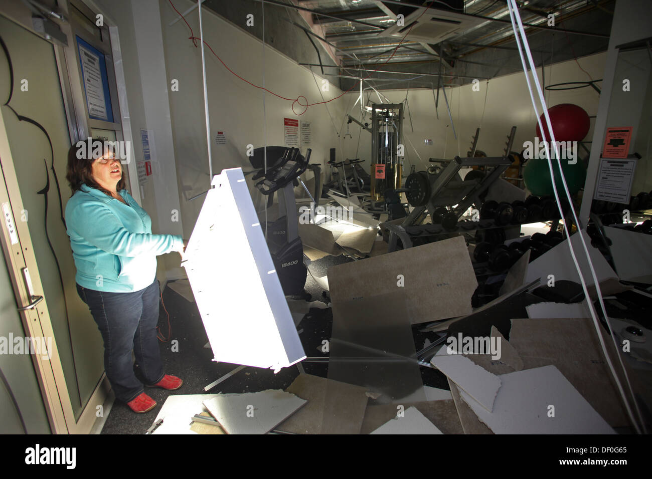Marie Flowerday in a ruined gymnasium after a severe earthquake struck ...