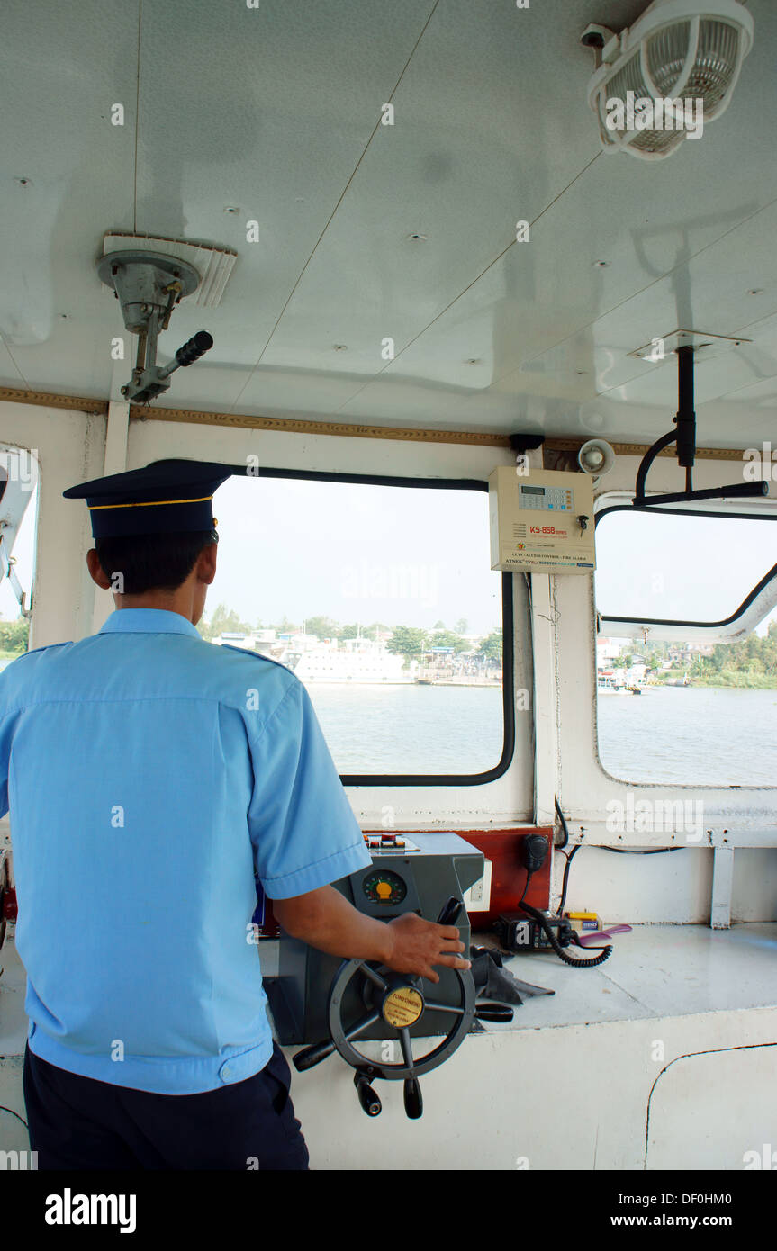 Ferryman control steering wheel in cabin's ferry, vertical frame Stock ...