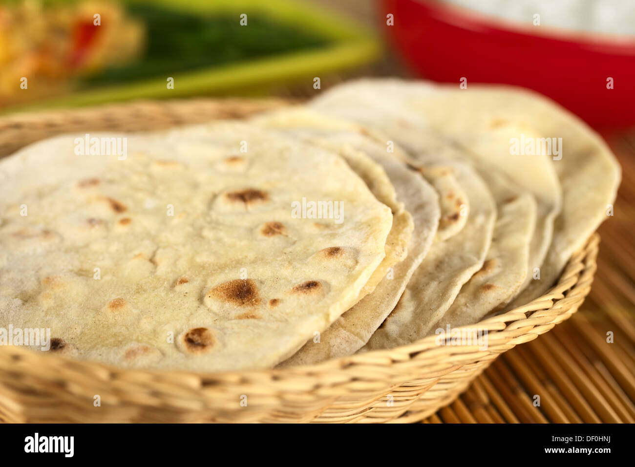 Indian flatbread called chapati in basket (Selective Focus, Focus on ...