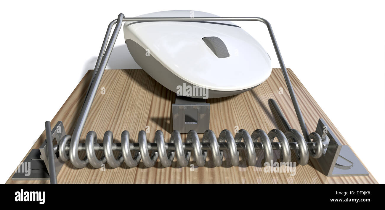 A regular wood and metal mousetrap with a white computer mouse trapped ...