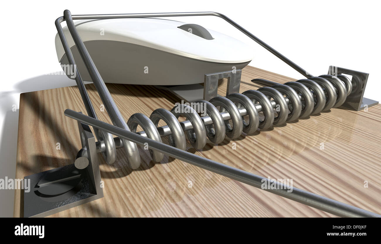 A regular wood and metal mousetrap with a white computer mouse trapped ...