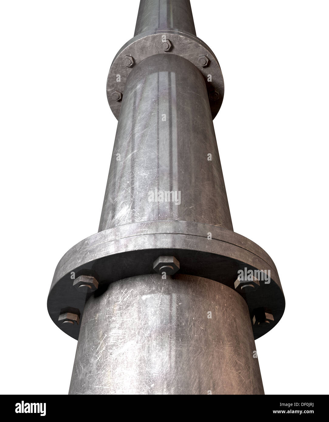 A metal pipe with joins and flanges with bolts on an isolated ...