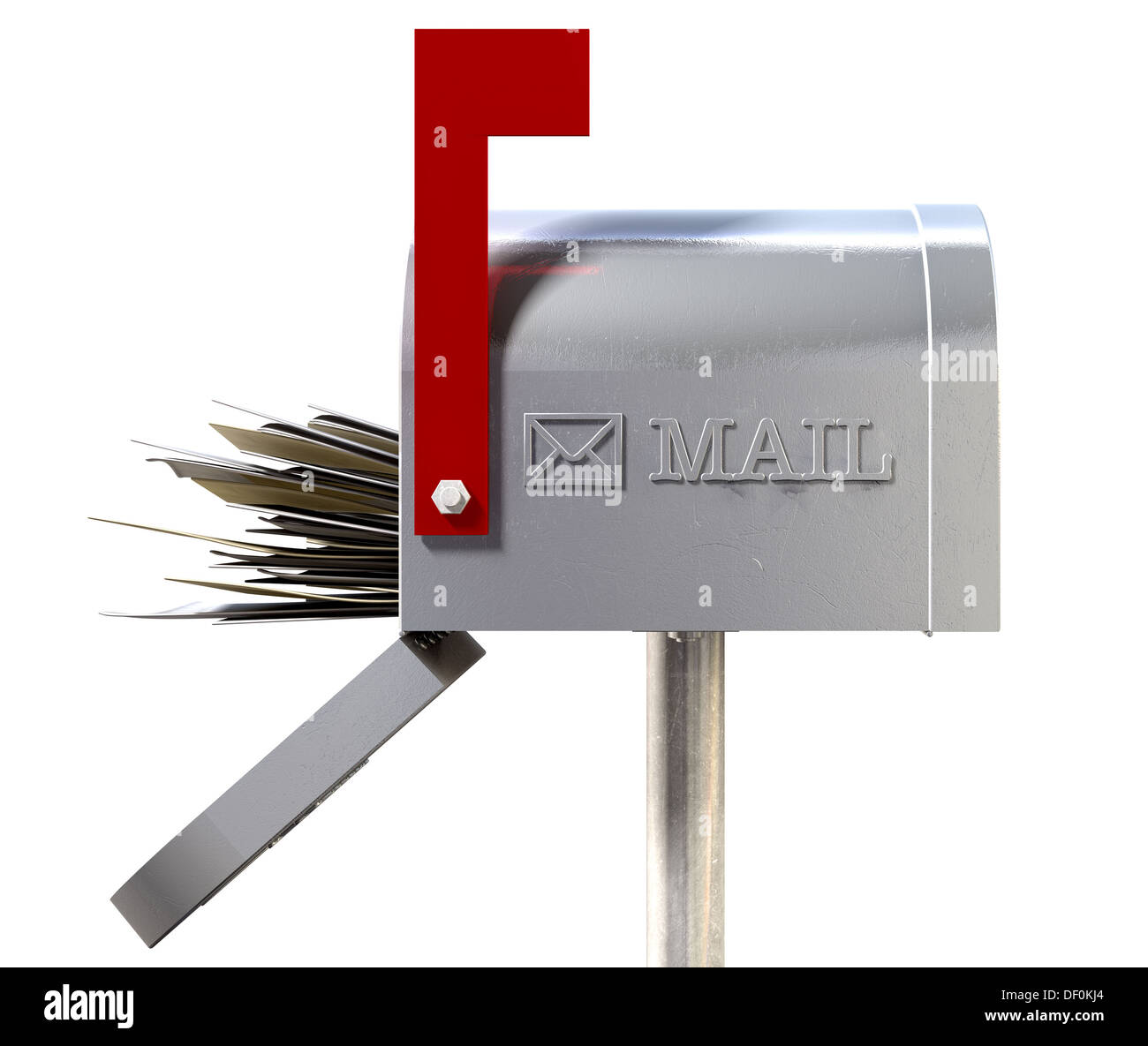 An front view of an open old school retro tin mailbox bulging with a ...